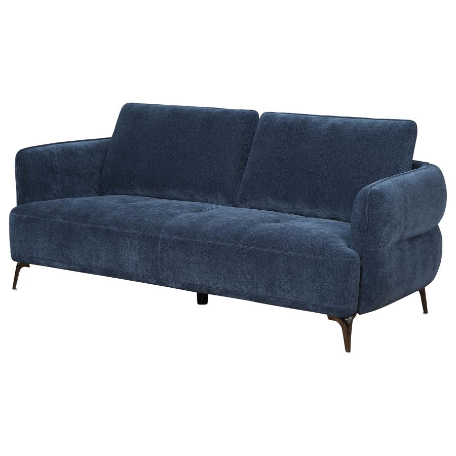 Lounge Around. Blue Upholstered Modern Track Arm Sofa