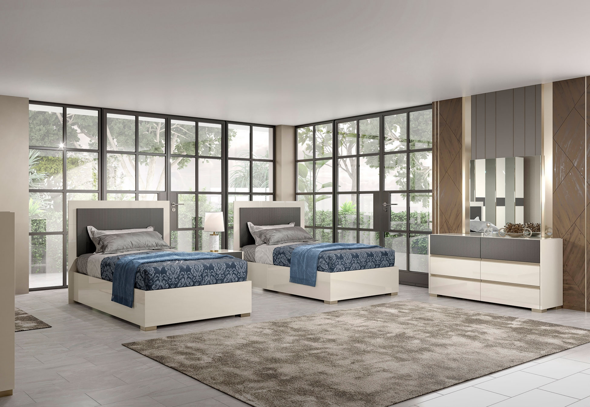 Lounge Around. 5Pc Champagne Color Gloss Bedroom Set