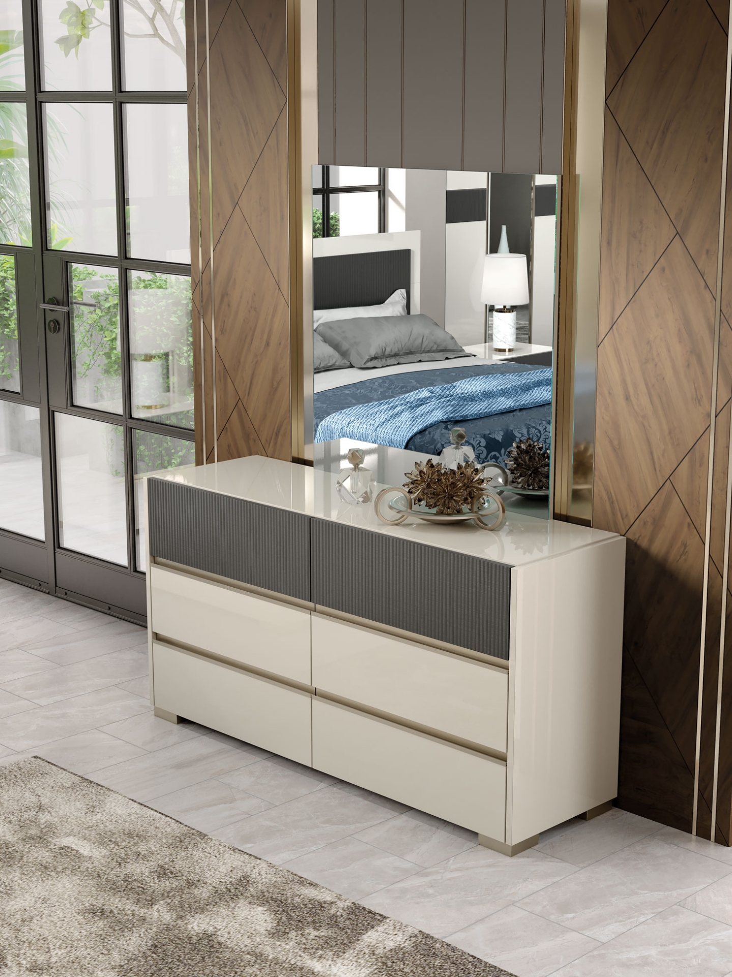Lounge Around. 5Pc Champagne Color Gloss Bedroom Set