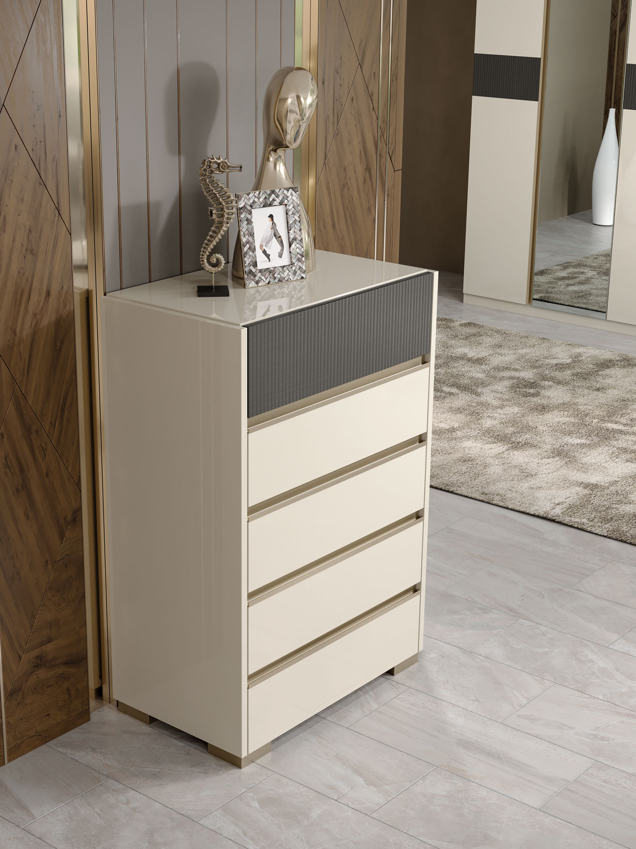 Lounge Around. 5Pc Champagne Color Gloss Bedroom Set