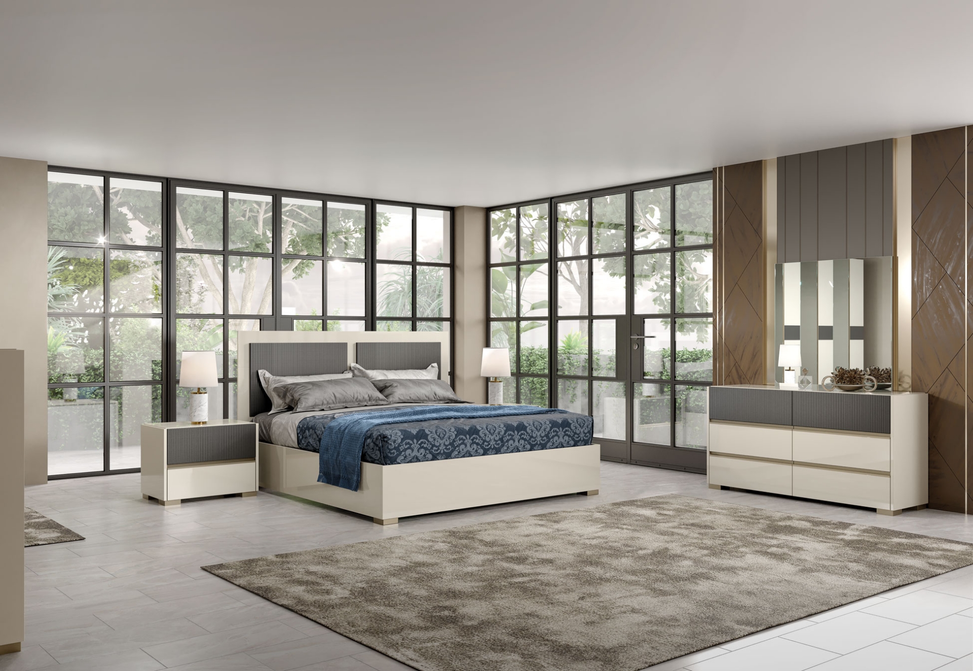 Lounge Around. 5Pc Champagne Color Gloss Bedroom Set