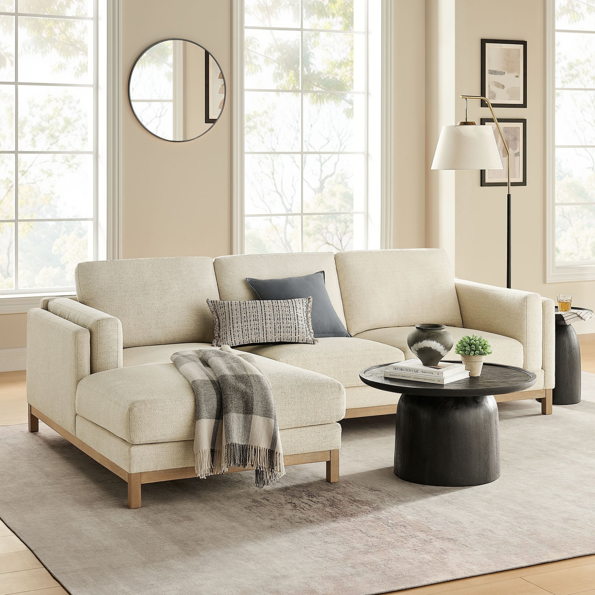 Lounge Around. Right or Left-Facing Fabric Sectional Sofa with Chaise in Ivory, Mist and Pewter ...