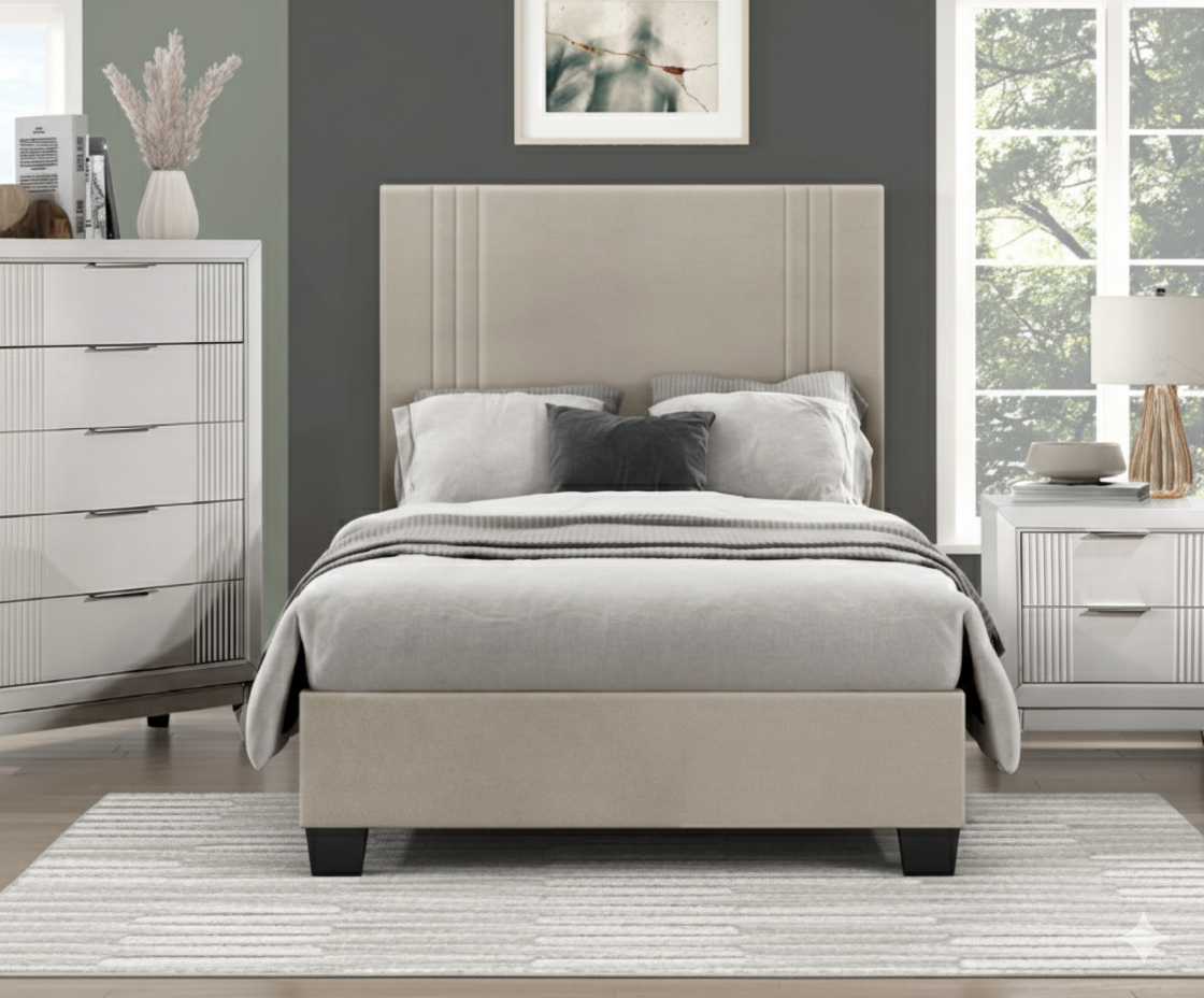 Lounge Around. 39", 44", 48" and 54" Beige Microfiber Platform Bed